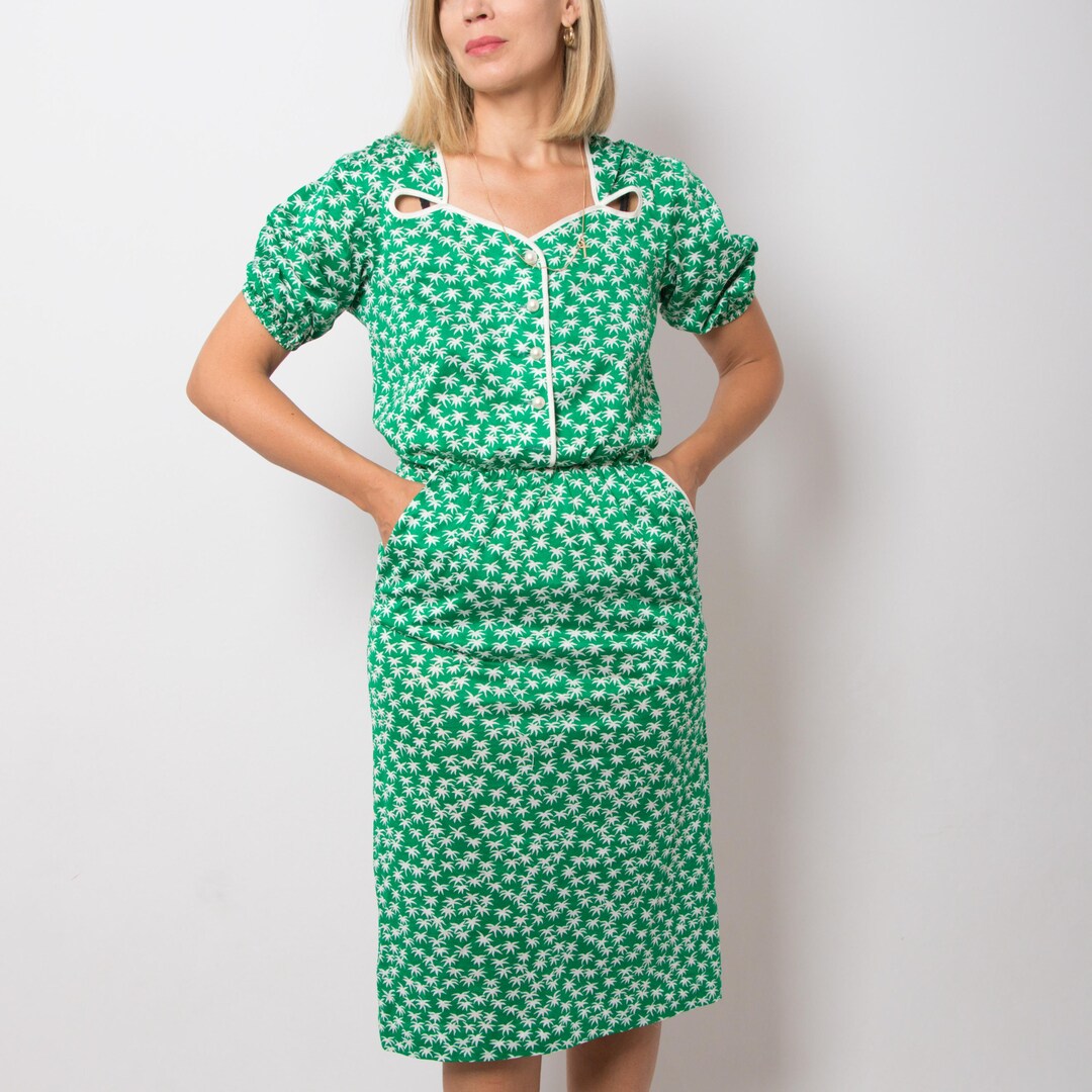 80s LIOLA Green Shirtwaist Dress Tropical Palm Print Made in Italy Size ...