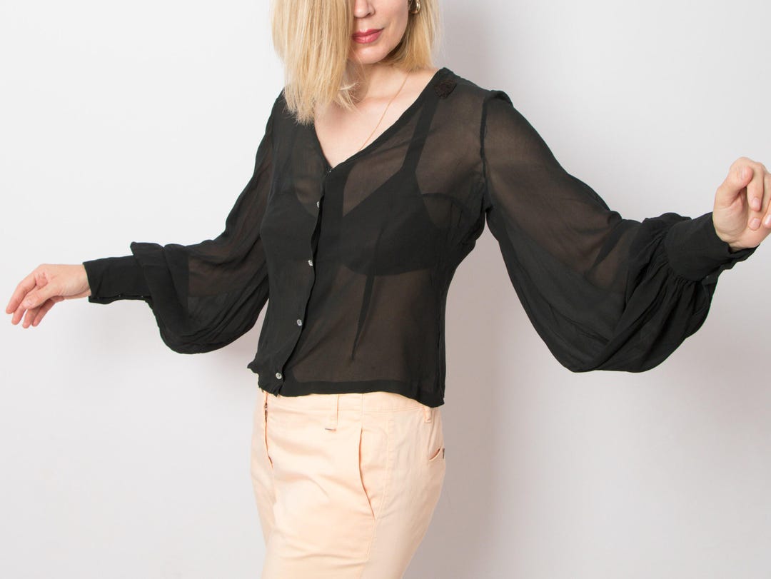 Vintage Black Silk Blouse See Through With Bishop Sleeve Black Sheer Blouse Small Size - Etsy
