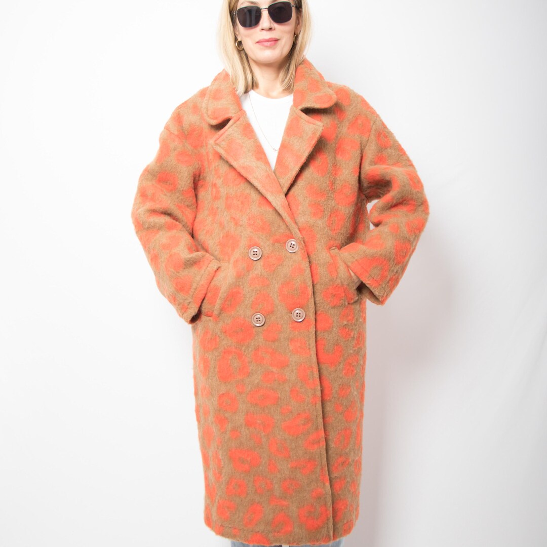 Y2K Funky Leopard Print Coat Oversized Double Breasted Wool Blend Made ...