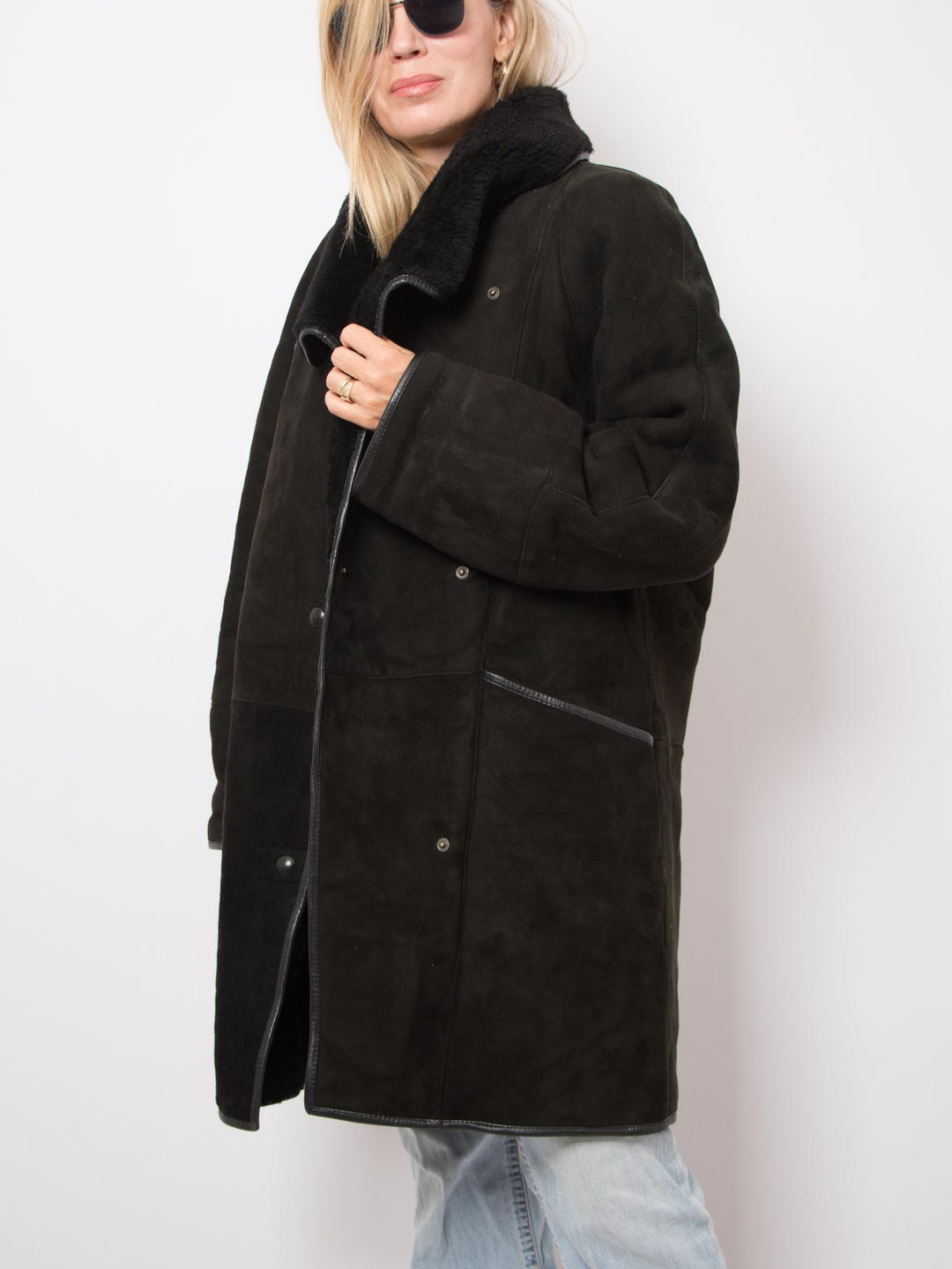Vintage Black Suede Shearling Coat Jacket Glam Oversized Sheepskin Coat ...