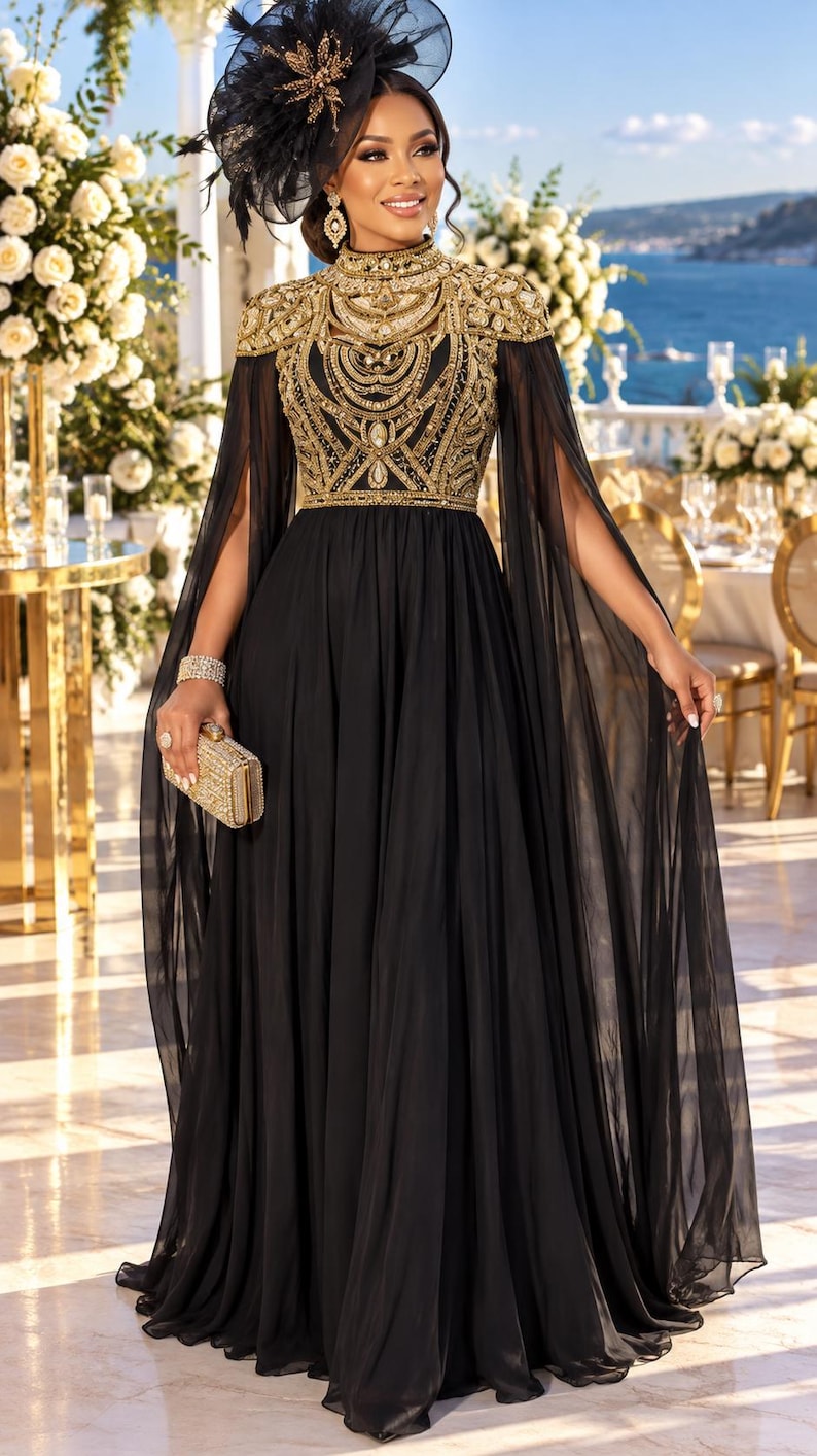 Black Crystal Beaded Chiffon Dress Wedding Guest Mother of Bride ...