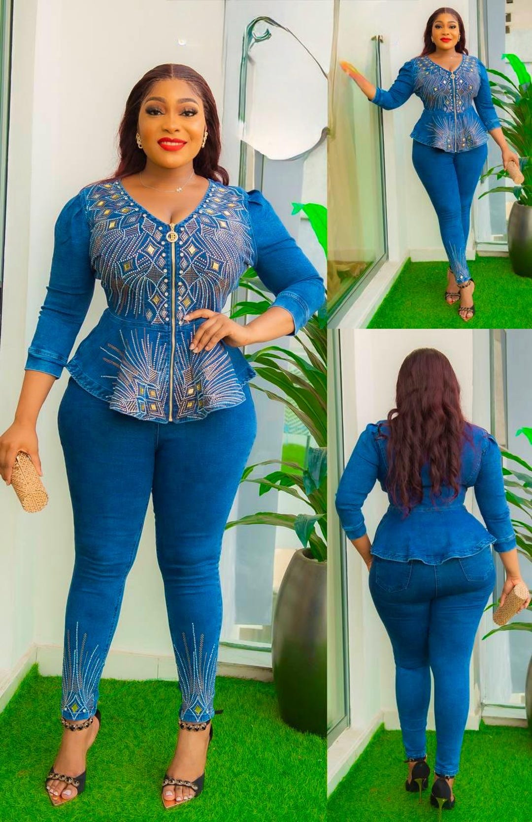 Denim and Diamonds 2-piece Outfit Set Matching Stretch Jeans Peplum Top ...