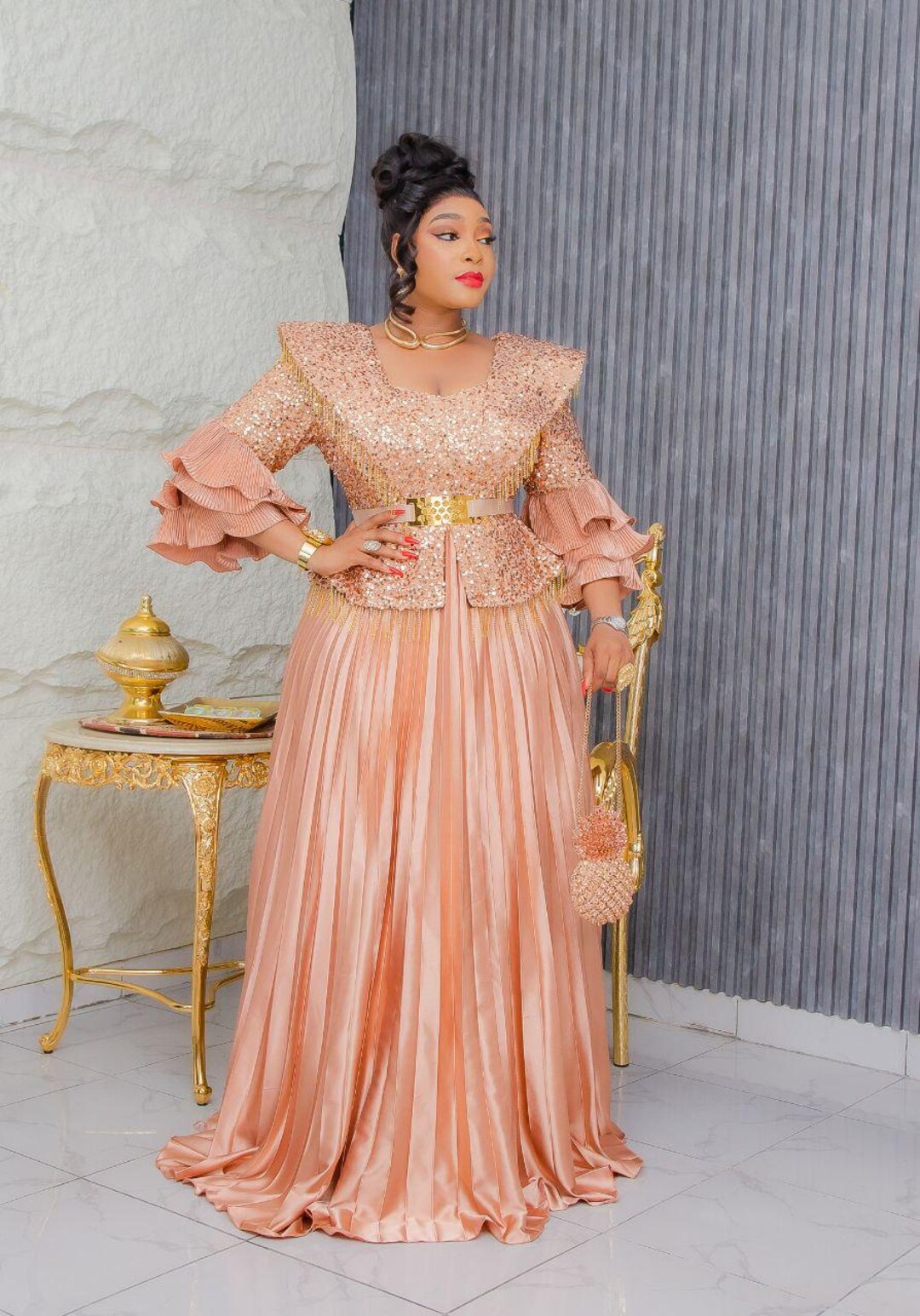 Gold Sequin Wedding Guest A-line Gown, Plus Size Mother of Bride Maxi ...