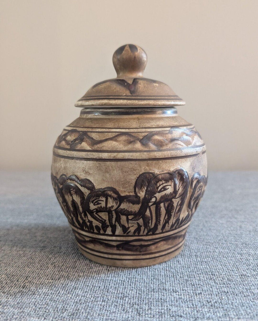 African Ceramic Pottery Jar/cannister/sugar Bowl With Elephants, Lid - Etsy
