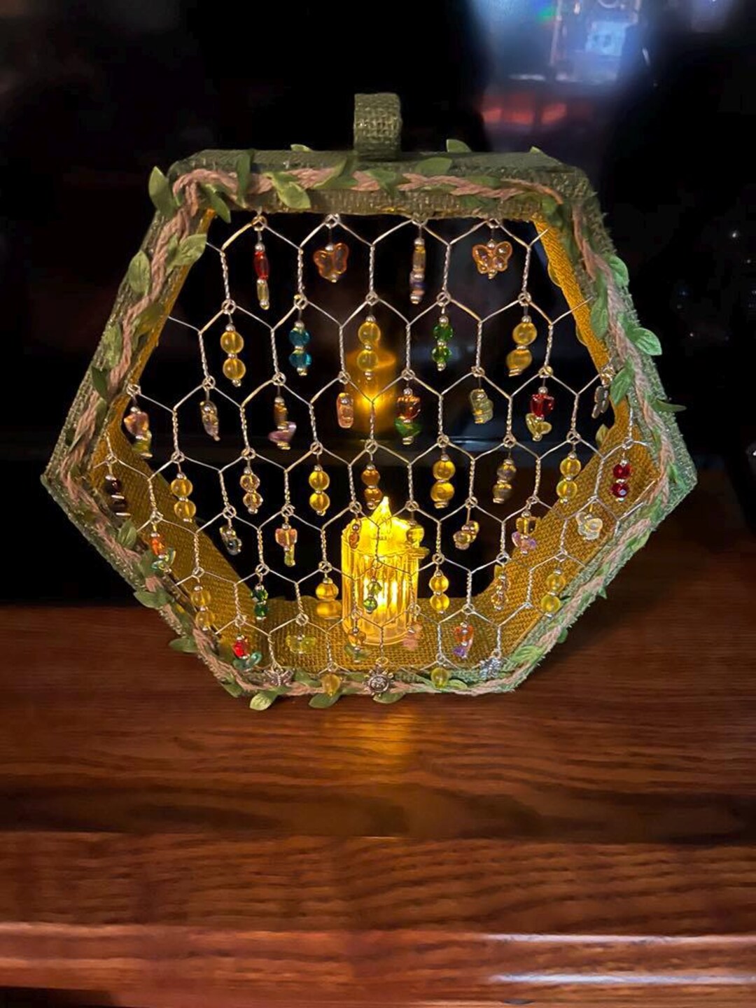 Hexagon Shaped Decorated Frame With Chicken Wire, Beads and a Battery ...