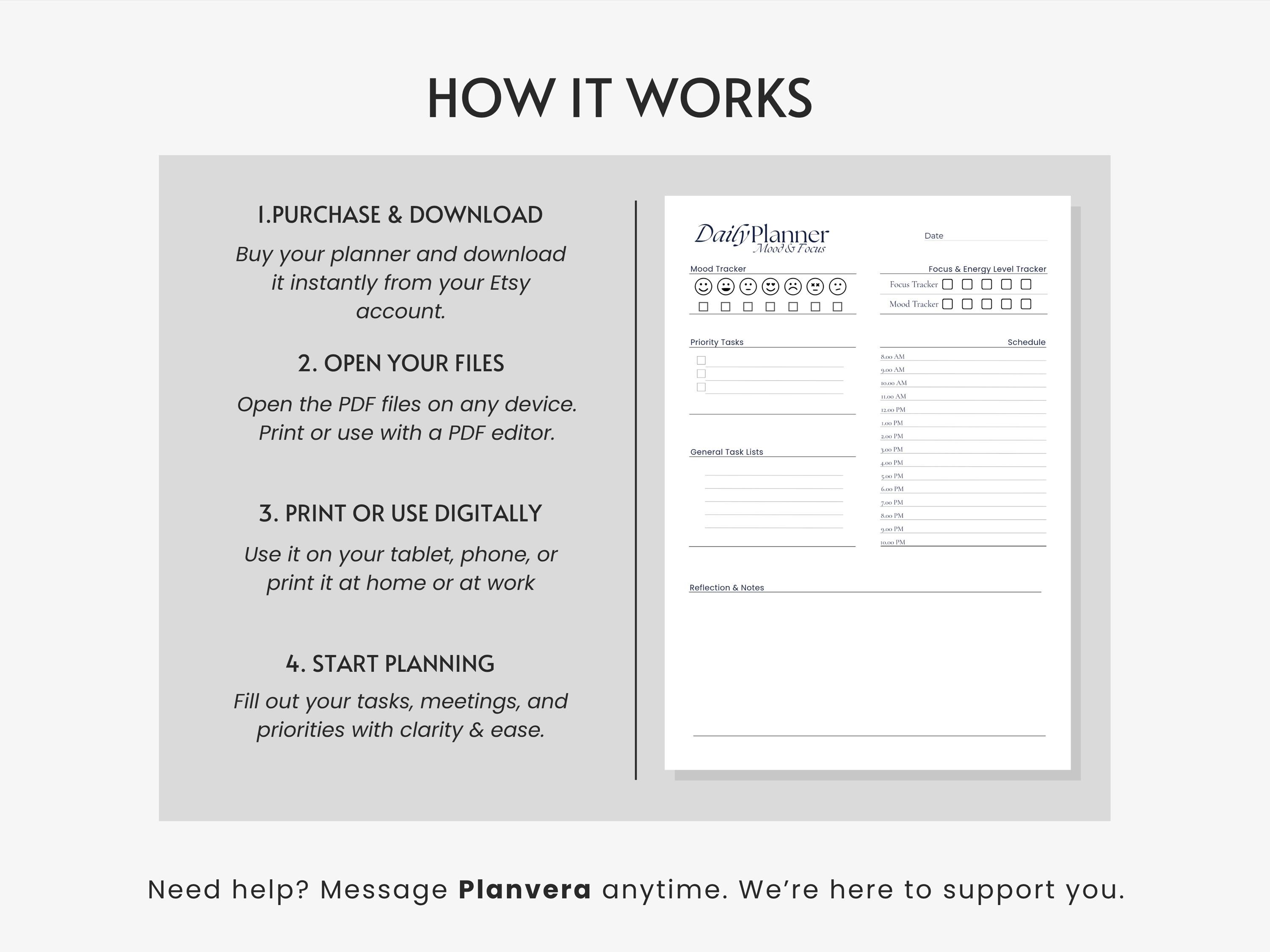Mood + Focus Daily Planner Printable, Undated Mental Wellness PDF, Hour ...