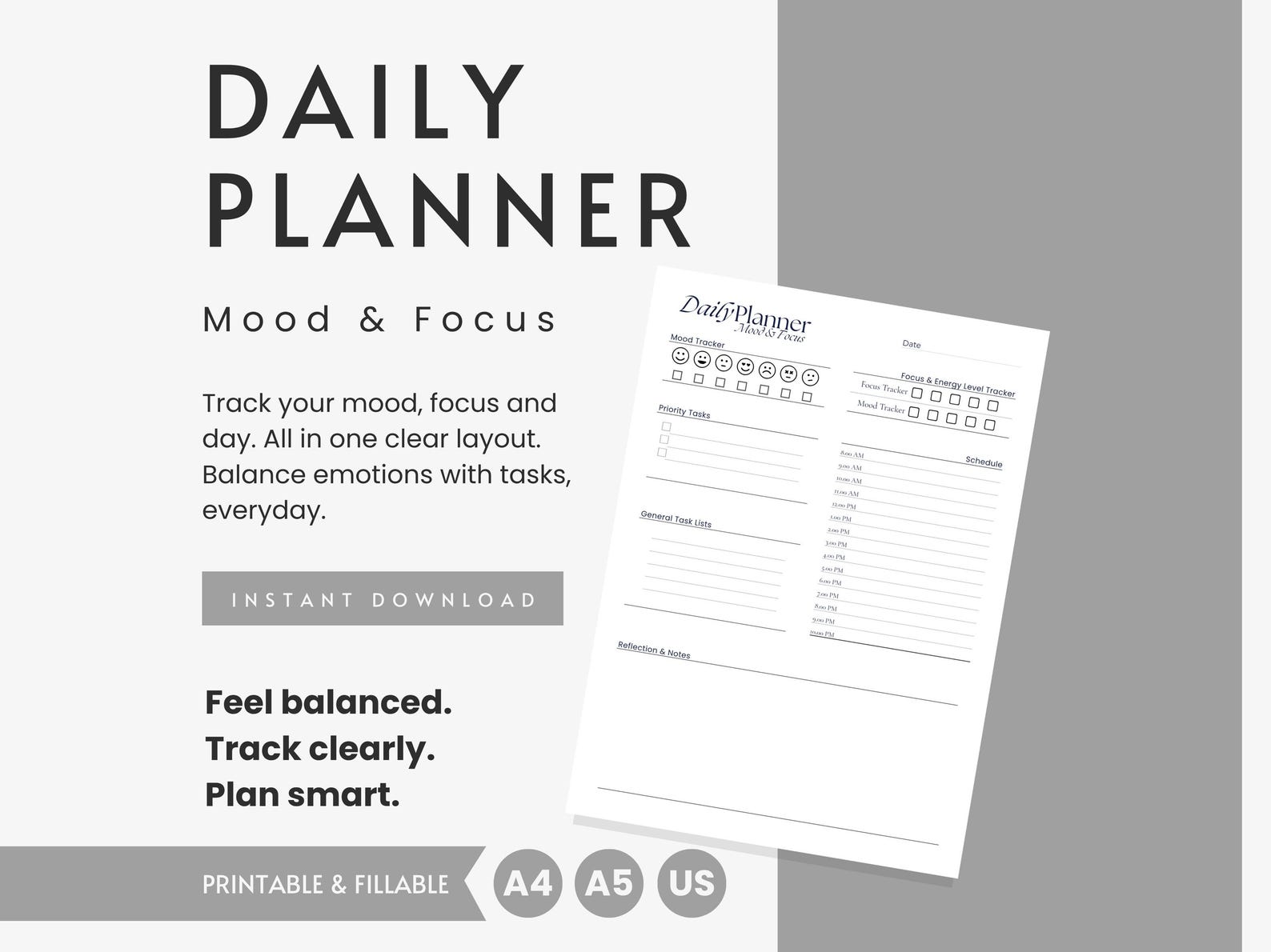 Mood + Focus Daily Planner Printable, Undated Mental Wellness PDF, Hour ...