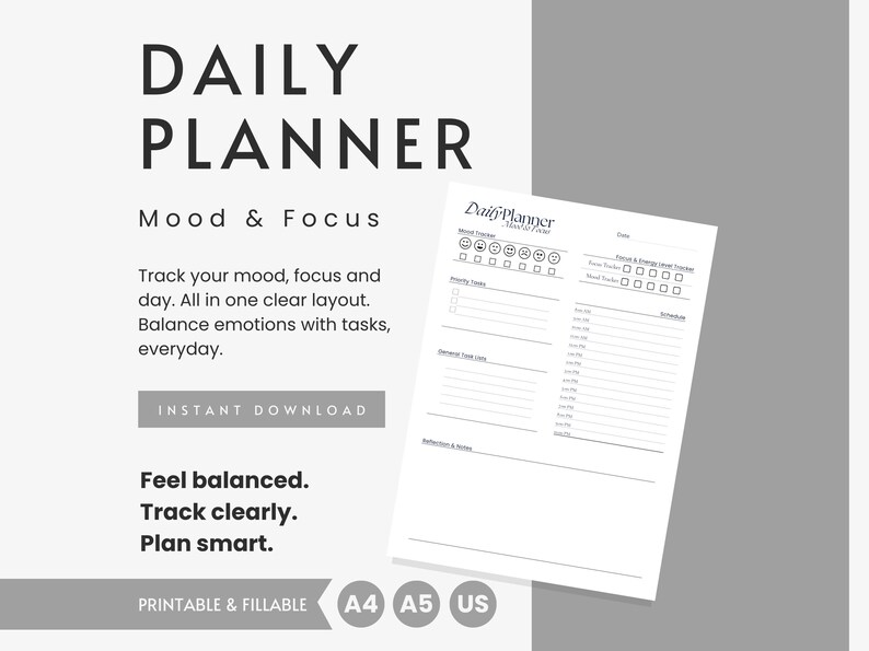 Mood + Focus Daily Planner Printable, Undated Mental Wellness PDF, Hour ...