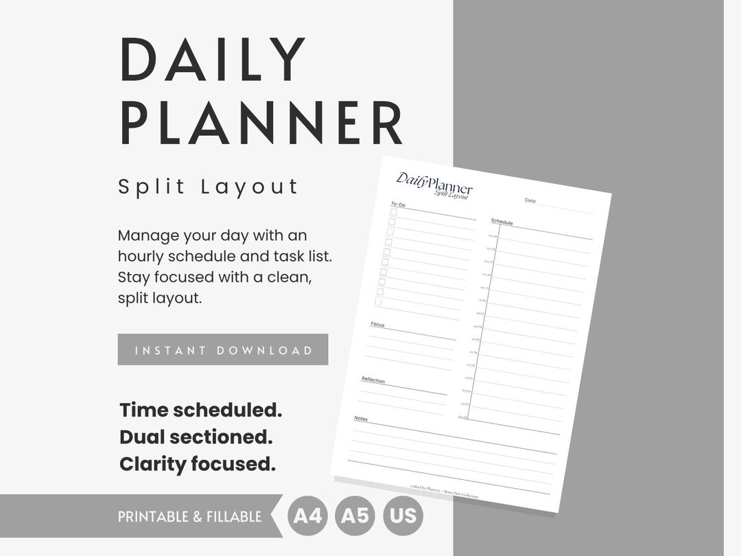 Split Layout Daily Planner, Printable Task & Schedule Organizer PDF ...