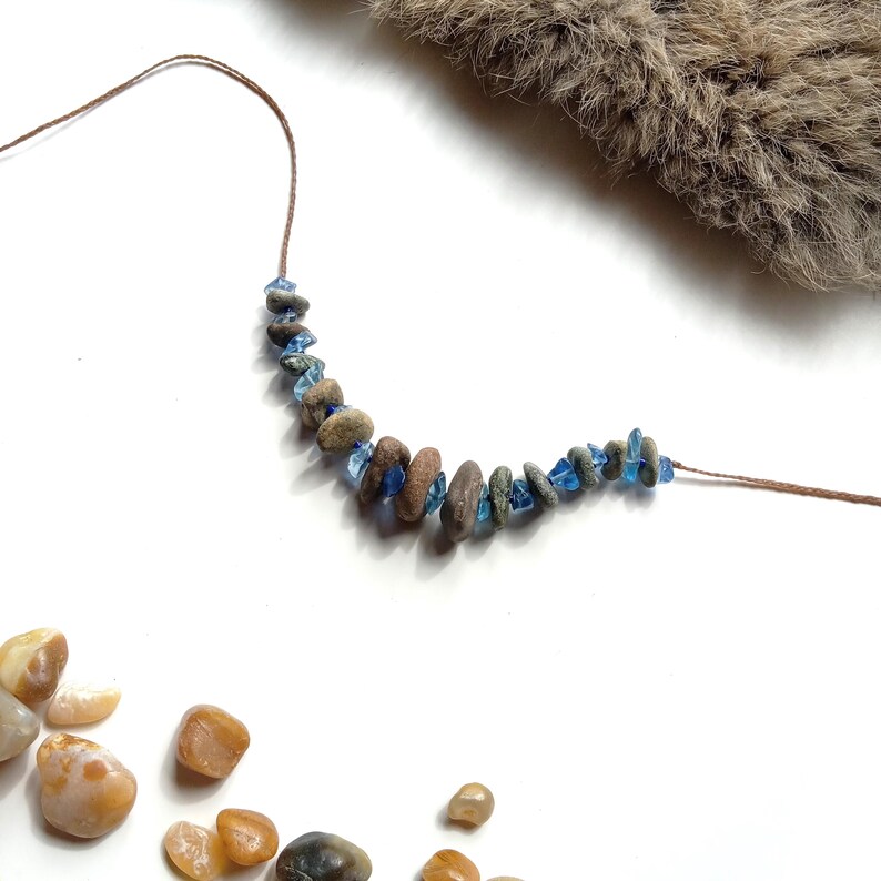 Natural River Stone Bead and Blue Glass Bead Necklace - Etsy
