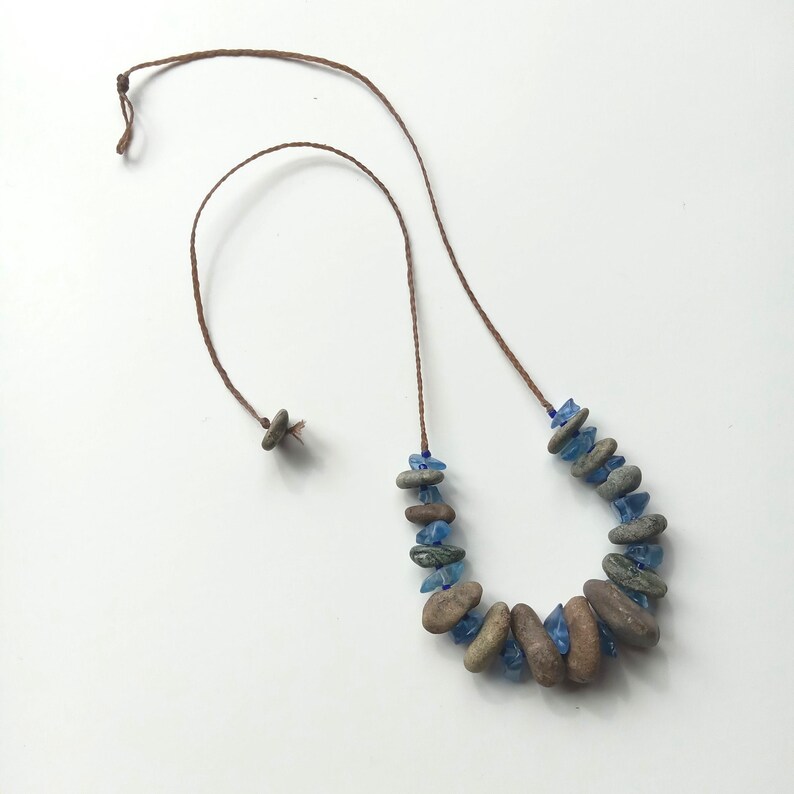 Natural River Stone Bead and Blue Glass Bead Necklace - Etsy