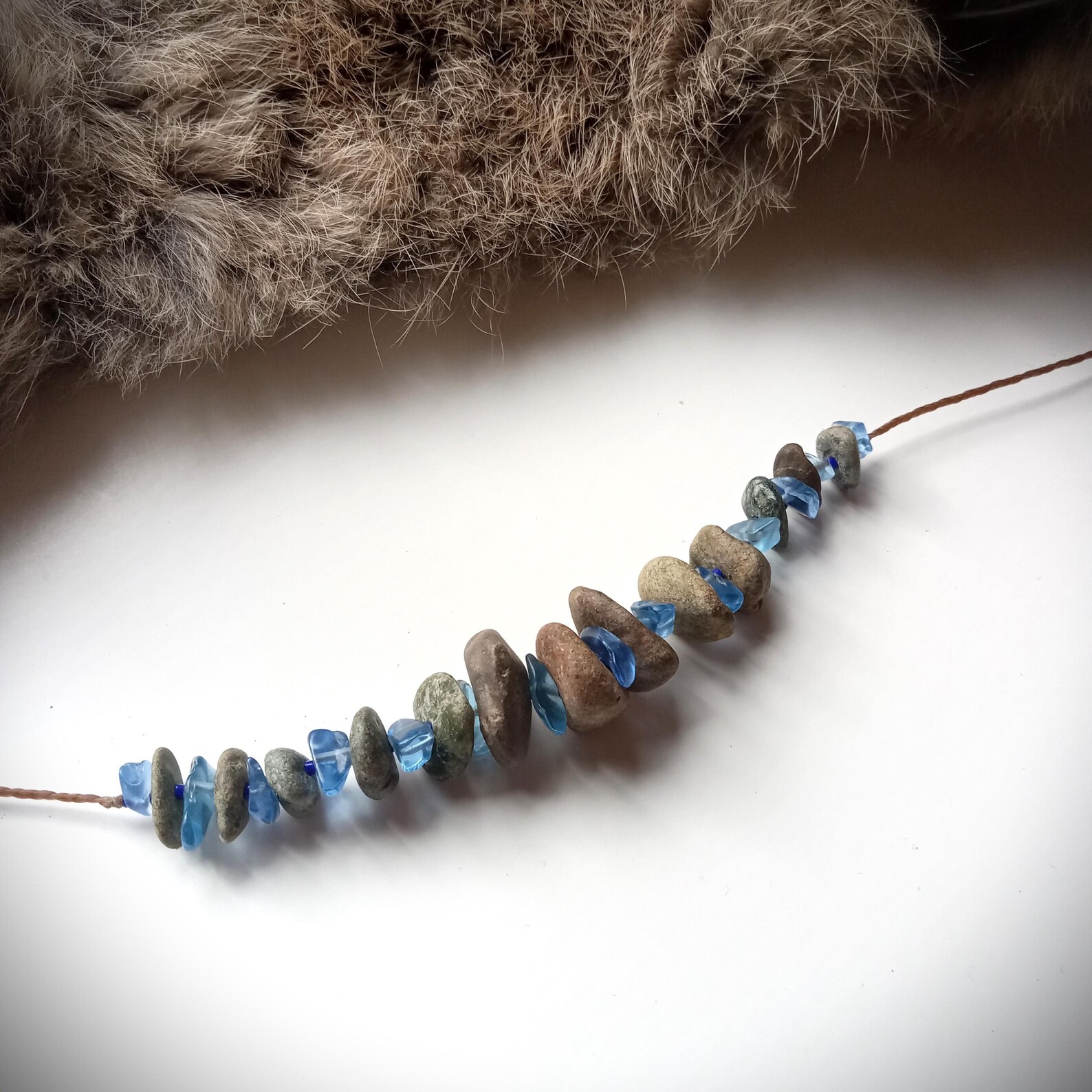 Natural River Stone Bead and Blue Glass Bead Necklace - Etsy