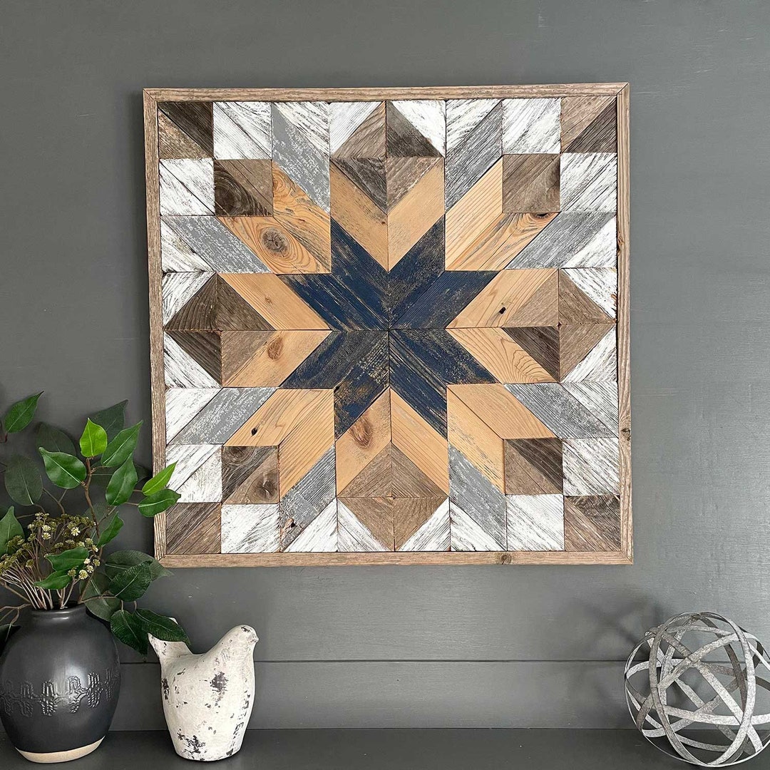 Reclaimed Wood Quilt Block, Blue Center, Wall Art, 24