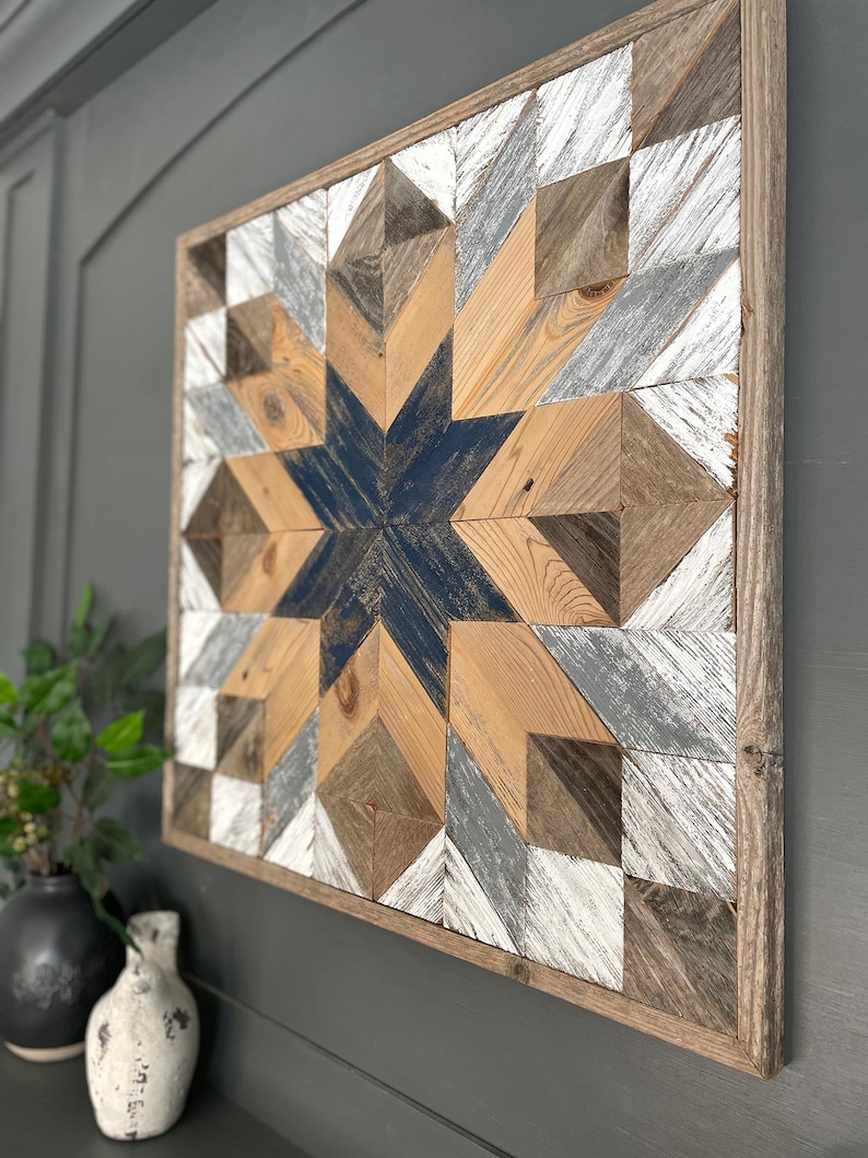 Reclaimed Wood Quilt Block, Blue Center, Wall Art, 24