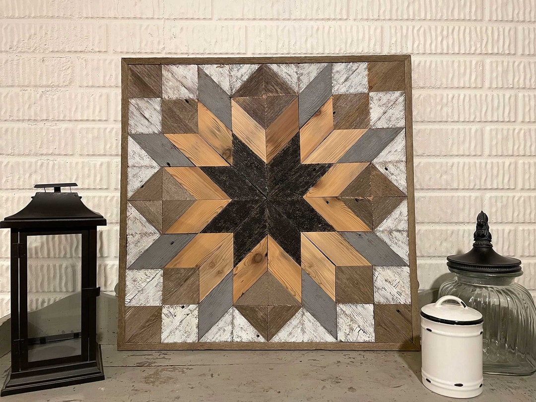 Reclaimed Wood Quilt Block Wall Decor: Black Center, Barn Quilt Art (24 ...