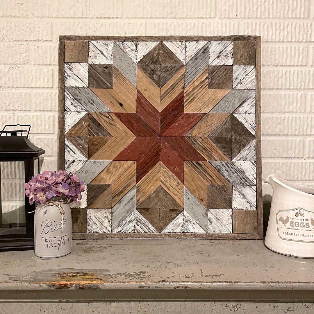 Reclaimed Wood Quilt Block, Red Center, Wall Art, Barn Quilt Decor ...