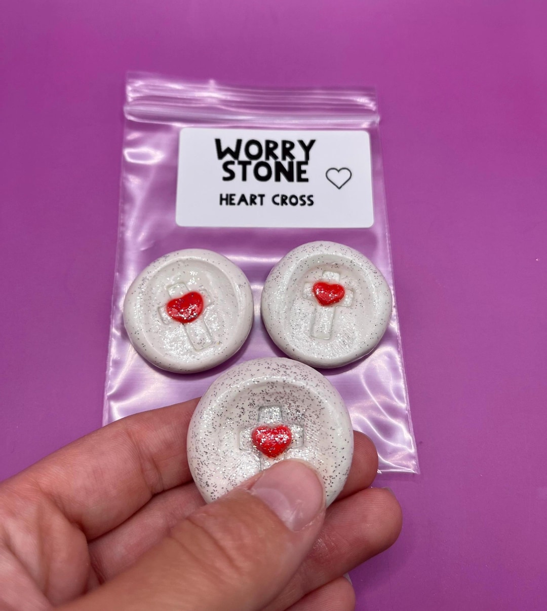 Worry Stone (christian Cross Heart) -handmade Polymer Clay Worry Stone ...