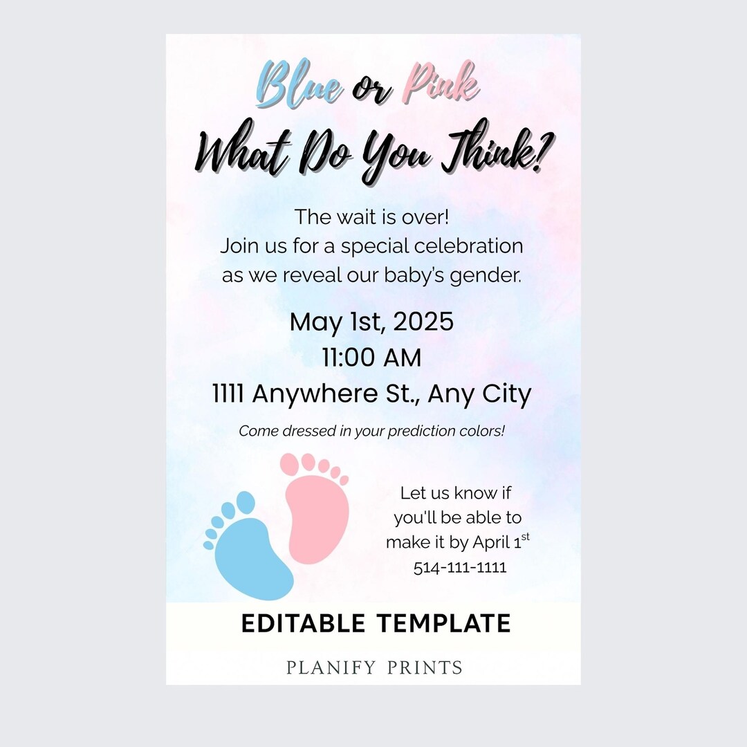 Gender Reveal Invitation Editable Template, Blue or Pink What Do You ...