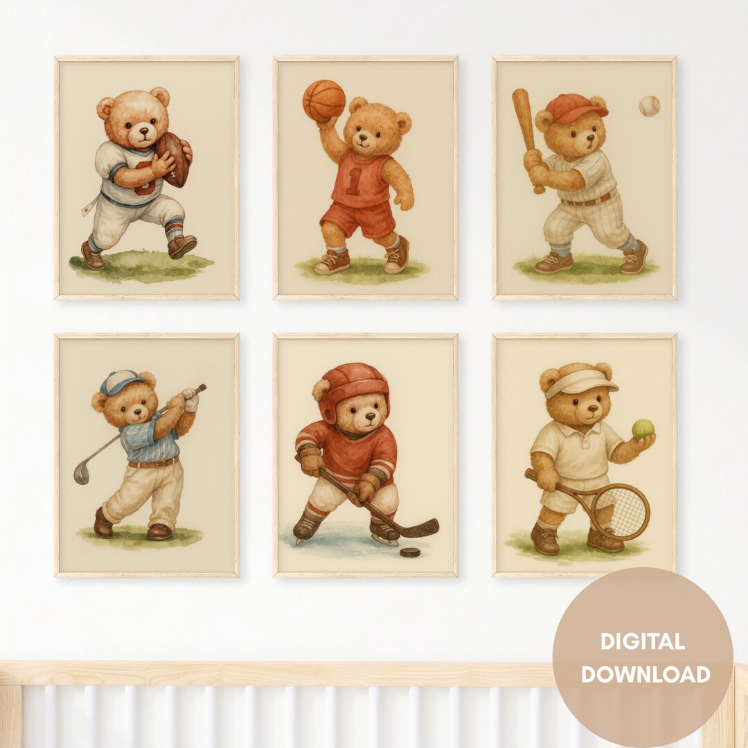 Set of 6 Vintage Teddy Bear Sports Wall Art, Sports Nursery, Kids Room ...