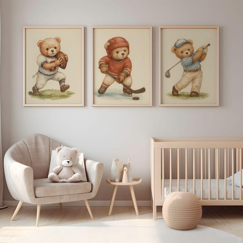 Set of 6 Vintage Teddy Bear Sports Wall Art, Sports Nursery, Kids Room ...