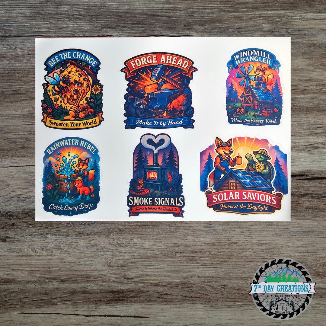 Off-grid Sticker Sheet, 6 Pack Mini Vinyl Stickers, Solar, Bee, Cabin ...