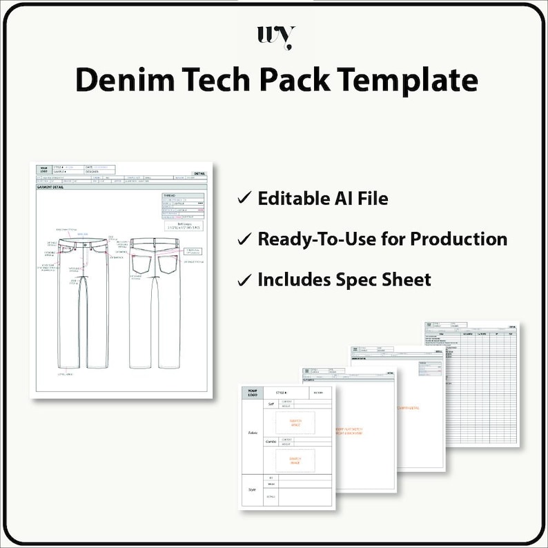 Denim Tech Pack Template | Editable AI & PDF | Flat Sketch, Spec Sheet ...