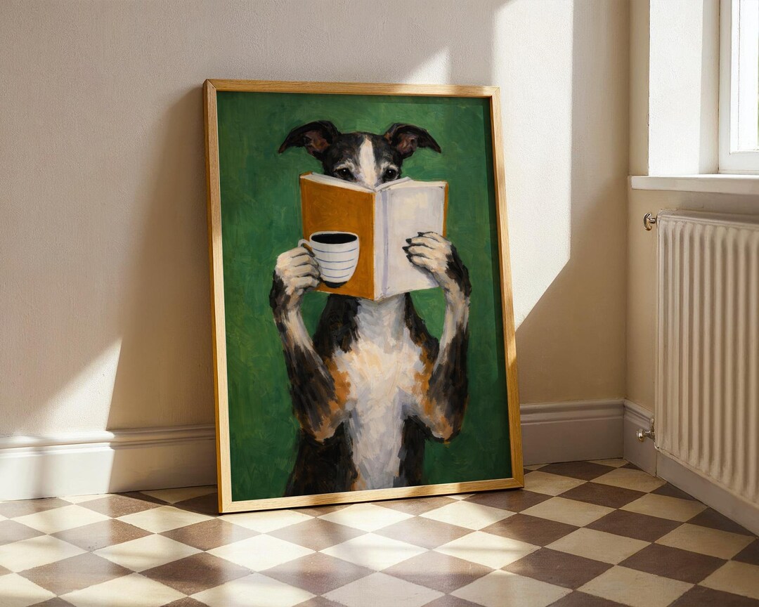 Abstract Greyhound Reading Printable, Emerald Green Whimsical Dog Art ...
