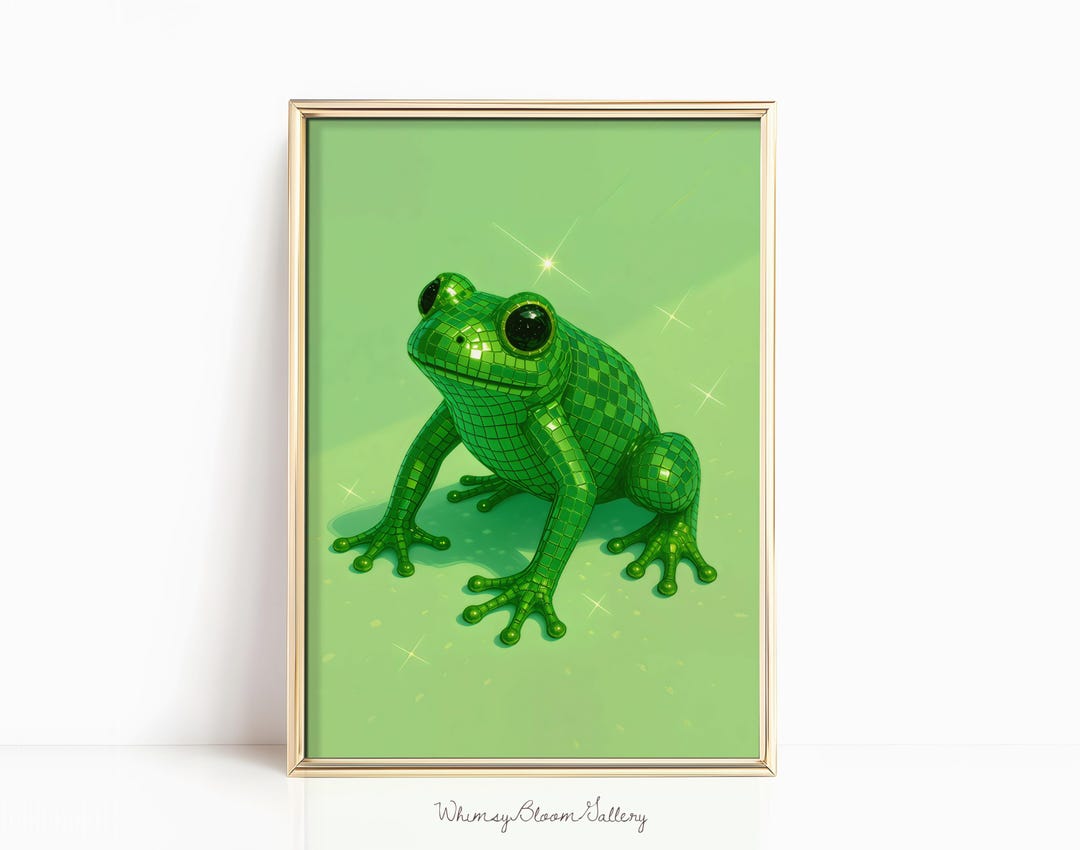 Green Disco Frog Print: Glam Disco Ball Art, Whimsical Animal Artwork ...
