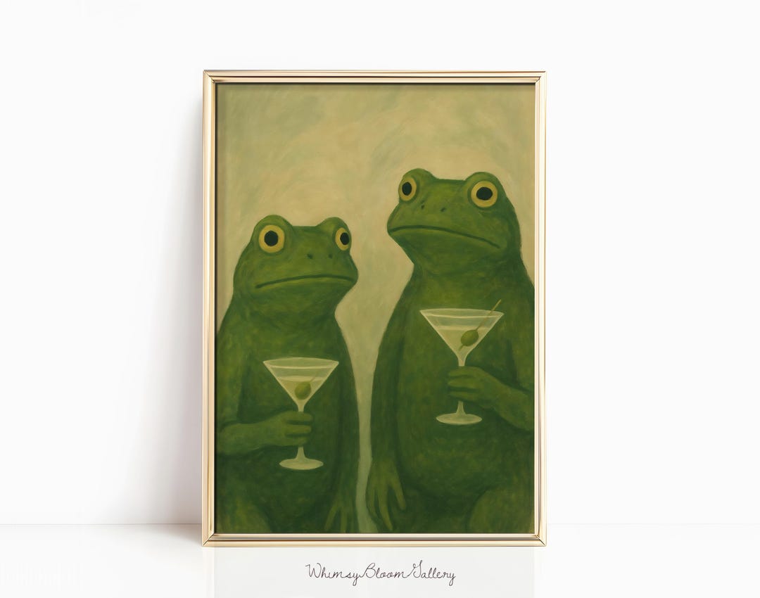 Green Frogs With Martini Glass Print - Moody Animal Couple Paint ...