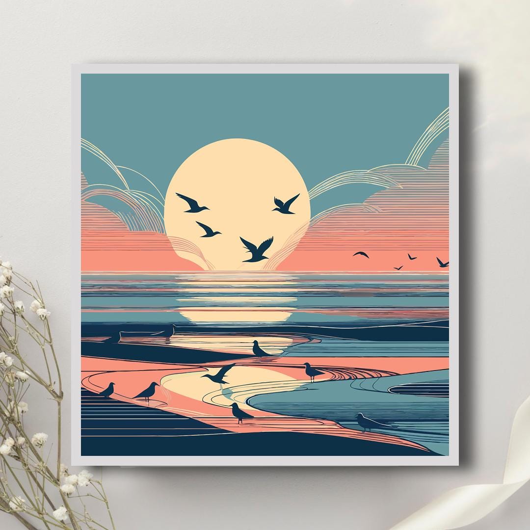Flying Birds Poster Bird Flock Wall Art Birds and Sun Painting Ocean ...
