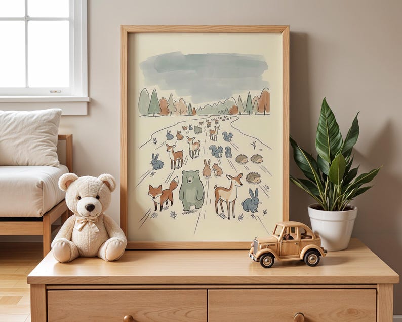 Woodland Animal Parade Art Print, Gender Neutral Kids Room Decor ...