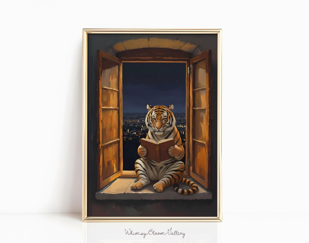 Whimsical Tiger Reading Book - Open Window Matisse Print, Calm Moody ...