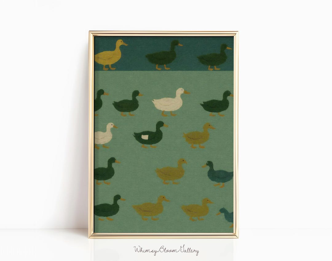 Abstract Emerald Green Ducks Painting, Calm Animal Pattern Art, Kitch ...