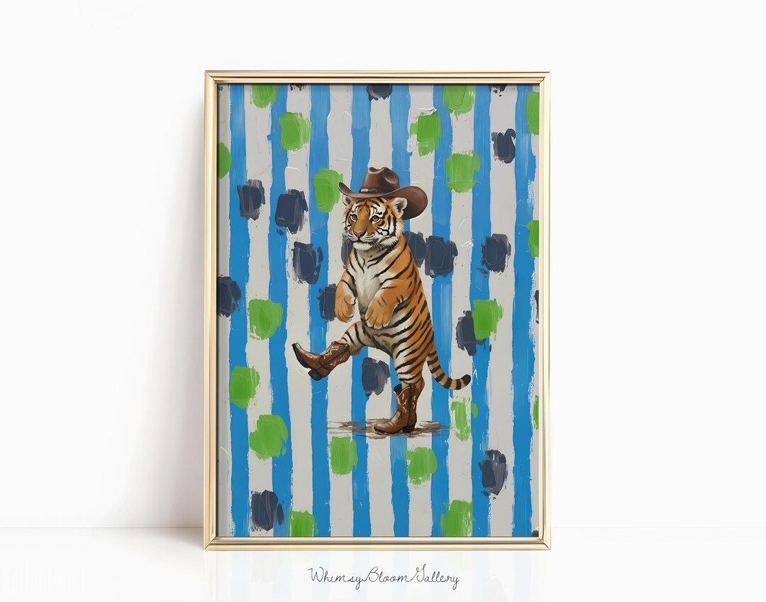 Silly Cowboy Tiger Print, Western Painting for Kids Room, Retro Boy ...
