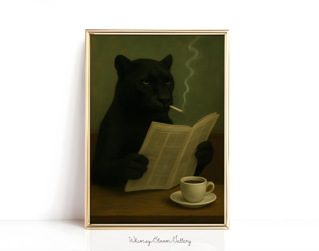 Vintage Black Panther With Cigarette Poster: Newspaper Bar Cart Decor ...