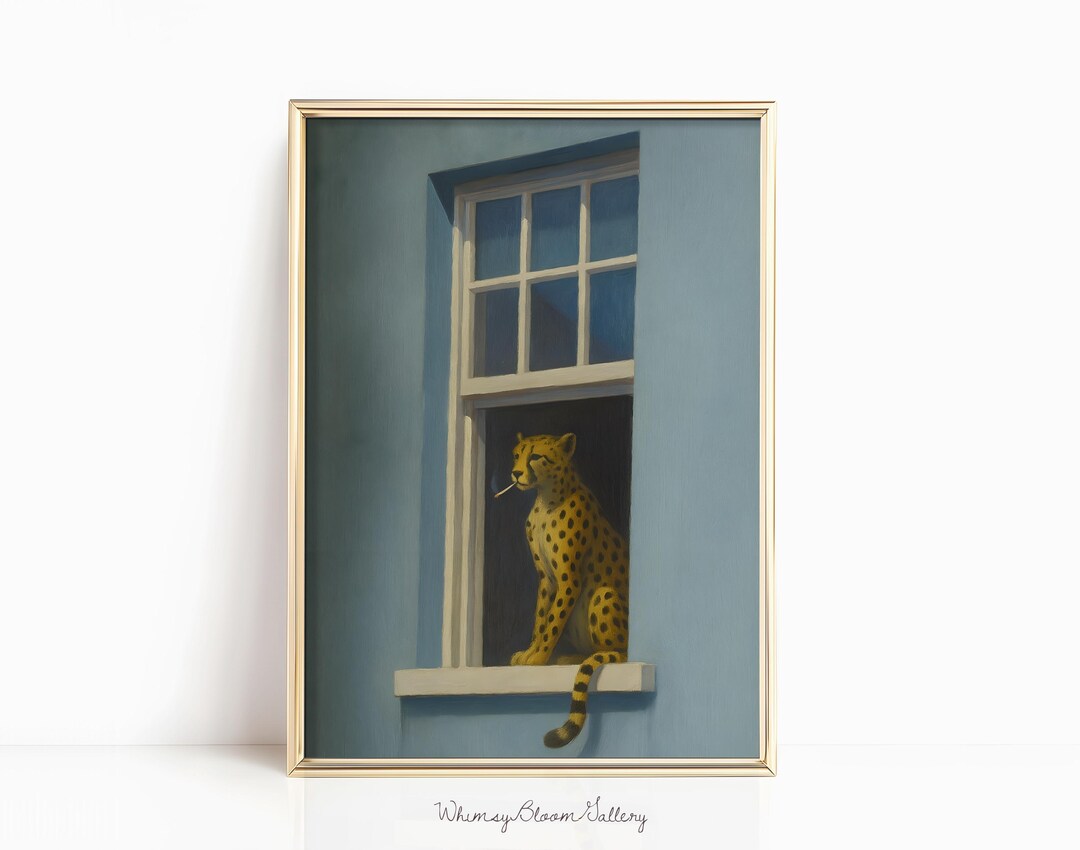 Leopard Smoking Cigarette Poster, Blue Navy Calm Summer Window Print ...