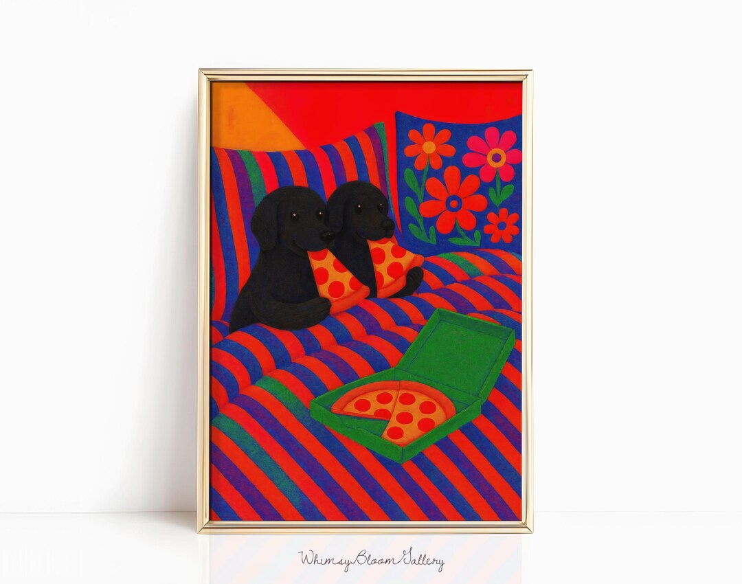 Colorful Two Black Dogs Eating Pizza in Bed Print: Cosy Bedroom Paint ...