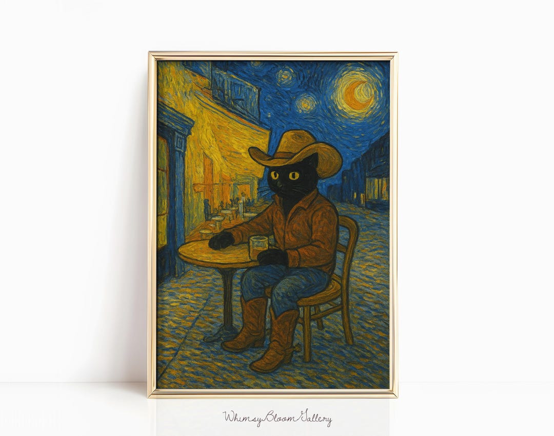 Le Chat Noir Paint - Black Cat Cowboy Print, Van Gogh Wall Art, Western ...