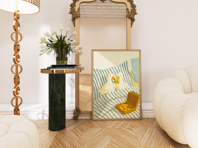Two Ducks Eating Pizza Print - Goose in Cosy Bedroom Poster, Pizza Club ...