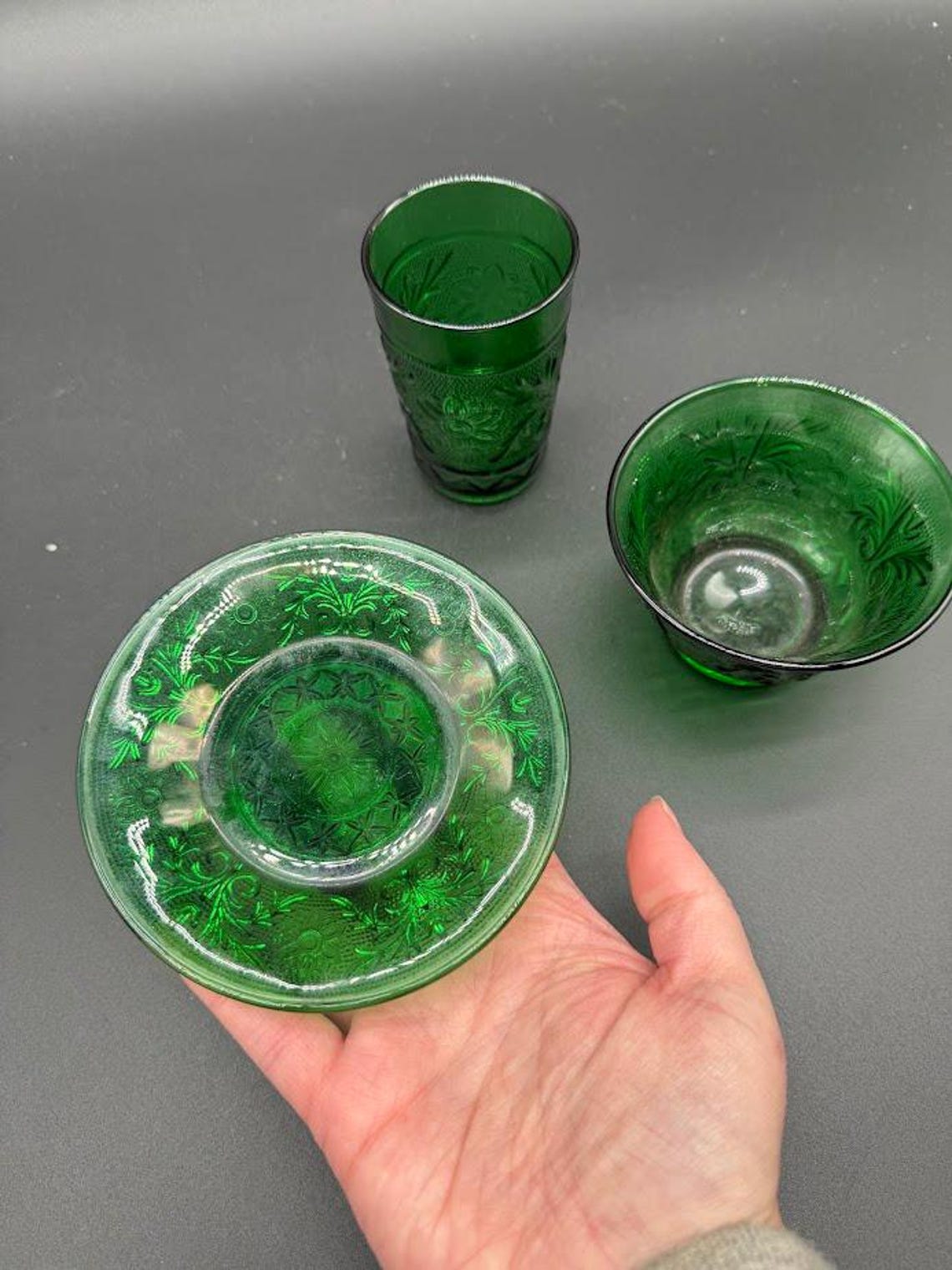 Vintage Green Pressed Glass Trio – Depression-style Floral Scroll Cup ...
