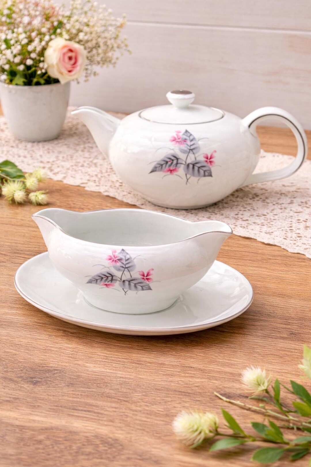 Vintage Narumi “lyric” Teapot & Gravy Boat Set – Pink Floral and Gray ...