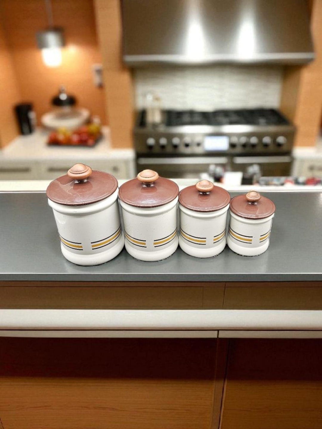 Vintage 1970s Stoneware Kitchen Canister Set With Lids – Brown & Gold ...