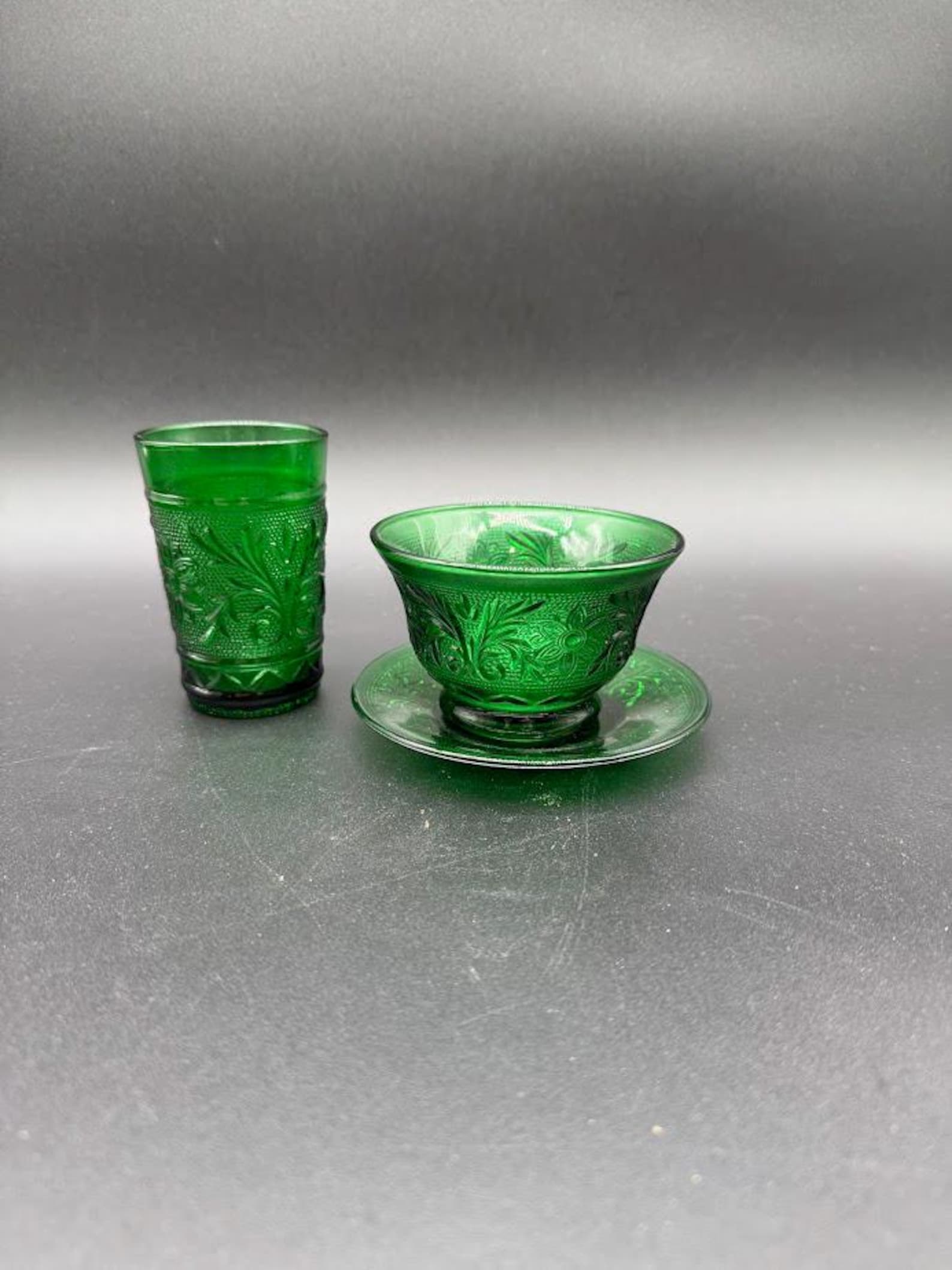 Vintage Green Pressed Glass Trio – Depression-style Floral Scroll Cup ...