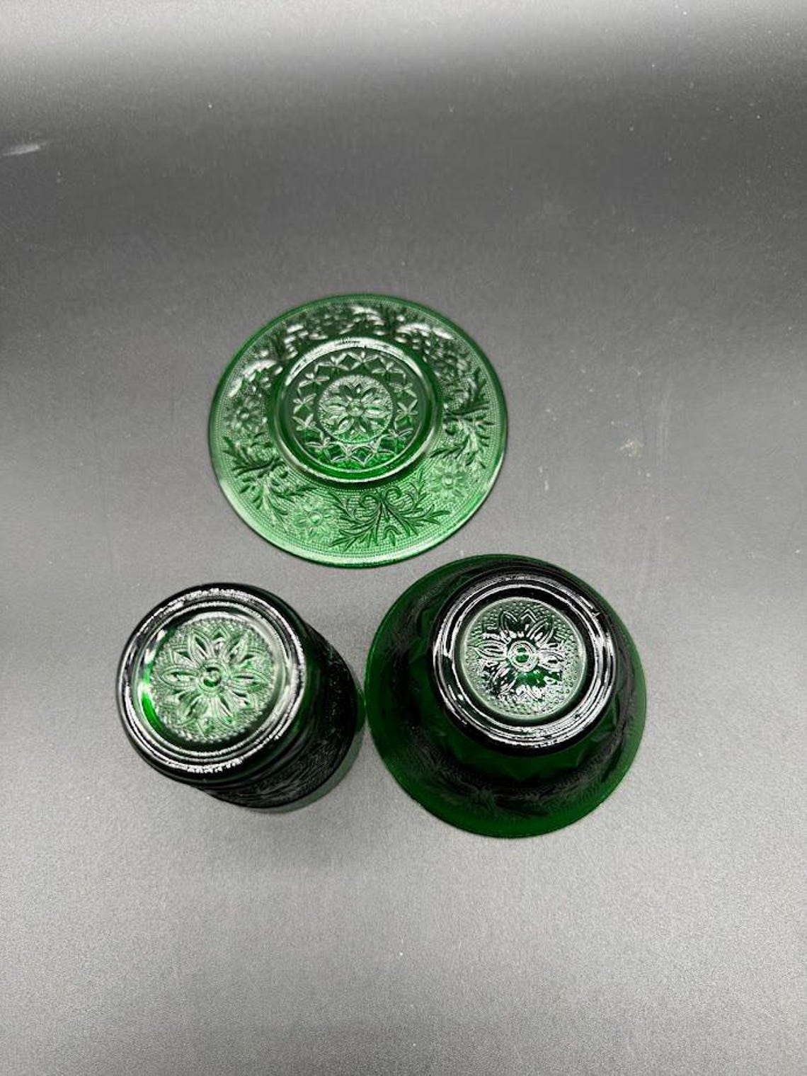 Vintage Green Pressed Glass Trio – Depression-style Floral Scroll Cup ...