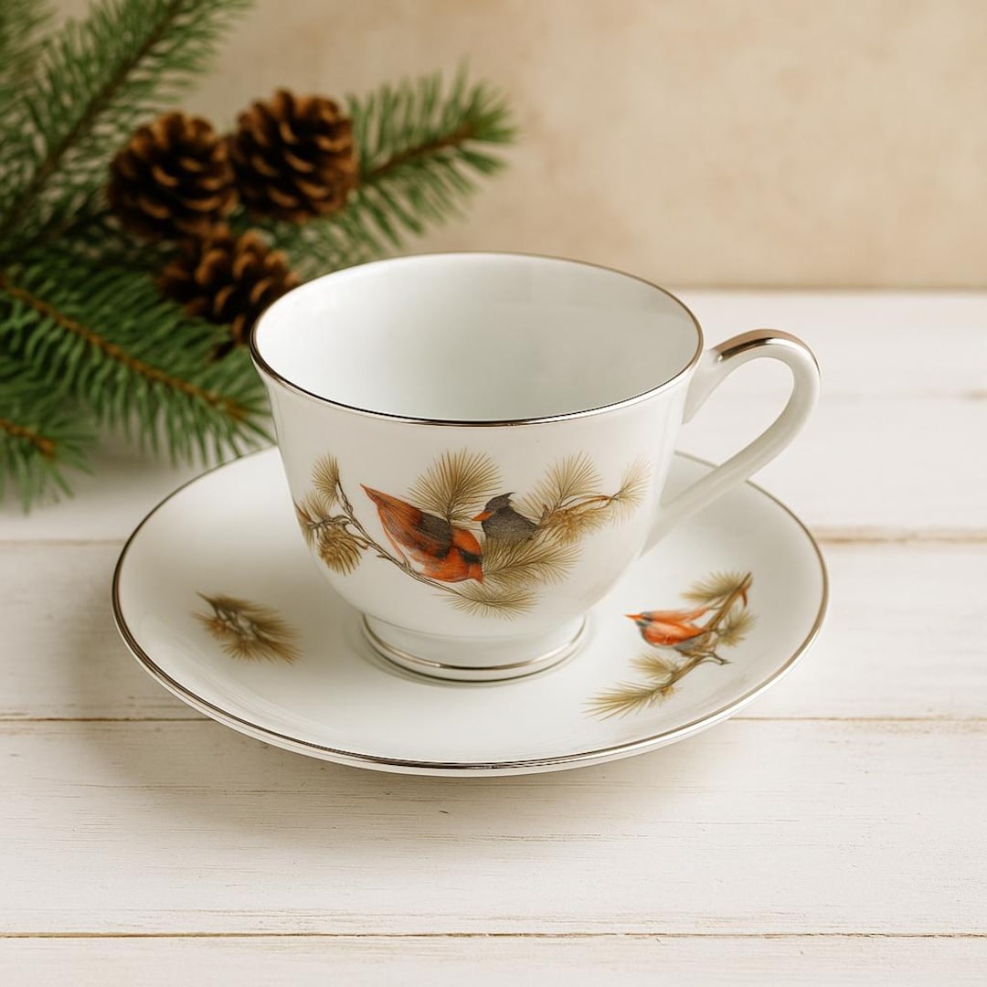 Vintage Seiko China Cardinal Teacup & Saucer: Winter Pine, Silver Rim ...