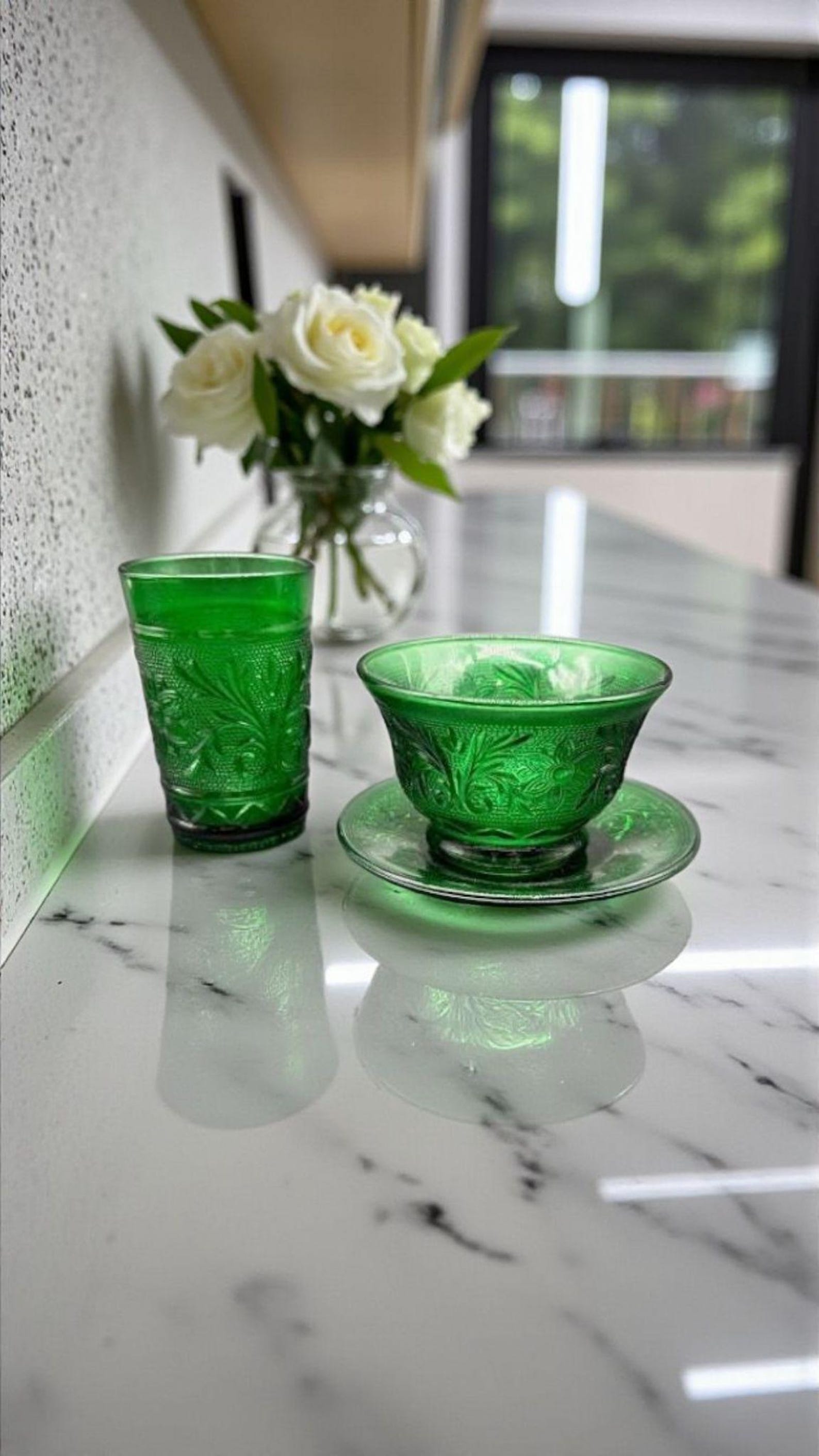 Vintage Green Pressed Glass Trio – Depression-style Floral Scroll Cup ...