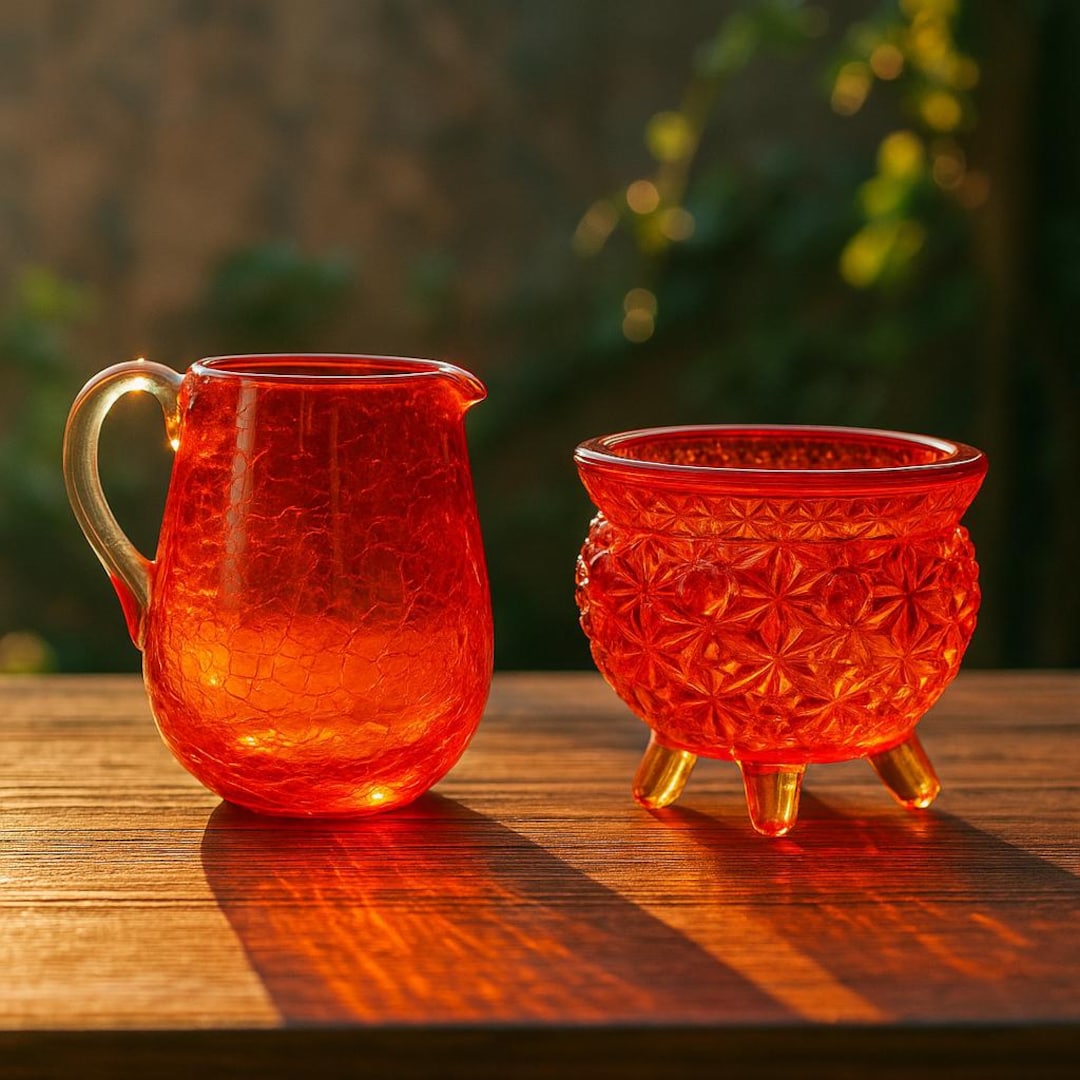 Mid-century Amberina Glass Pair – Crackle Creamer & Daisy Button Footed ...