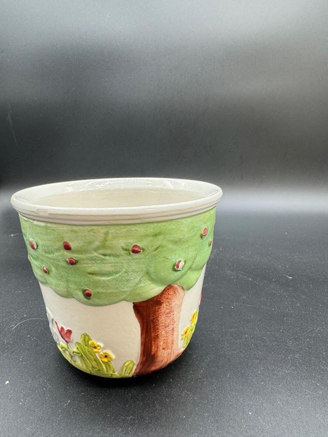 1993 Italian Ceramic Planter – Whimsical Tree & Garden Scene – Made for ...