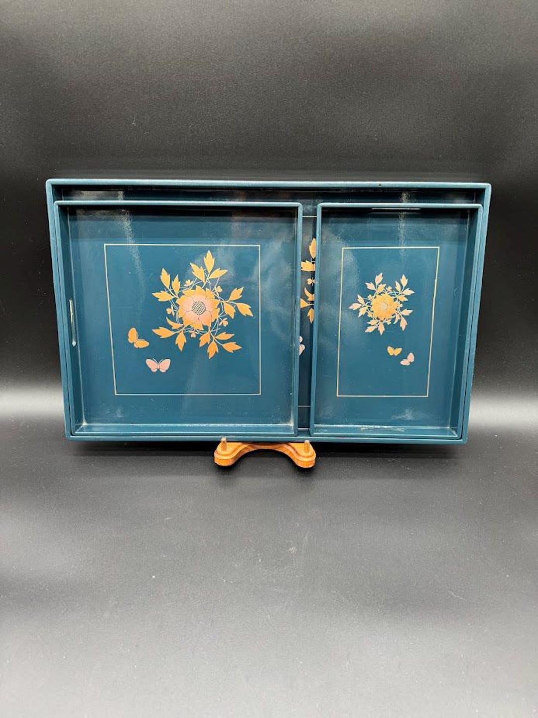 Vintage Lacquer Tray Set – Japanese Floral & Butterfly Stacking Trays ...
