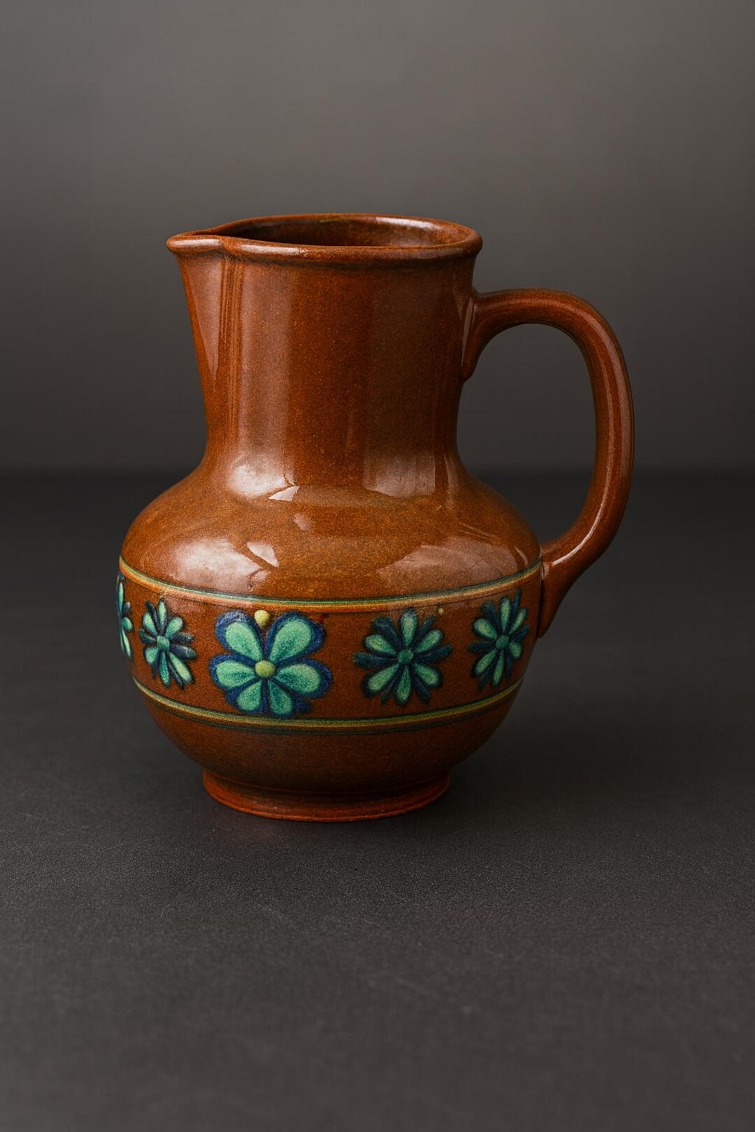 Vintage Czech Folk Pottery Pitcher – Brown Glaze With Turquoise Floral ...